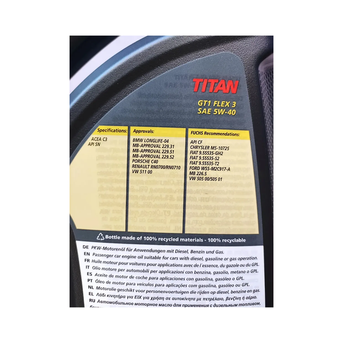 Aceite Lubricante Motor Fuchs Gt1 Flex 3 5w-40 5 Litros – 24 Volts